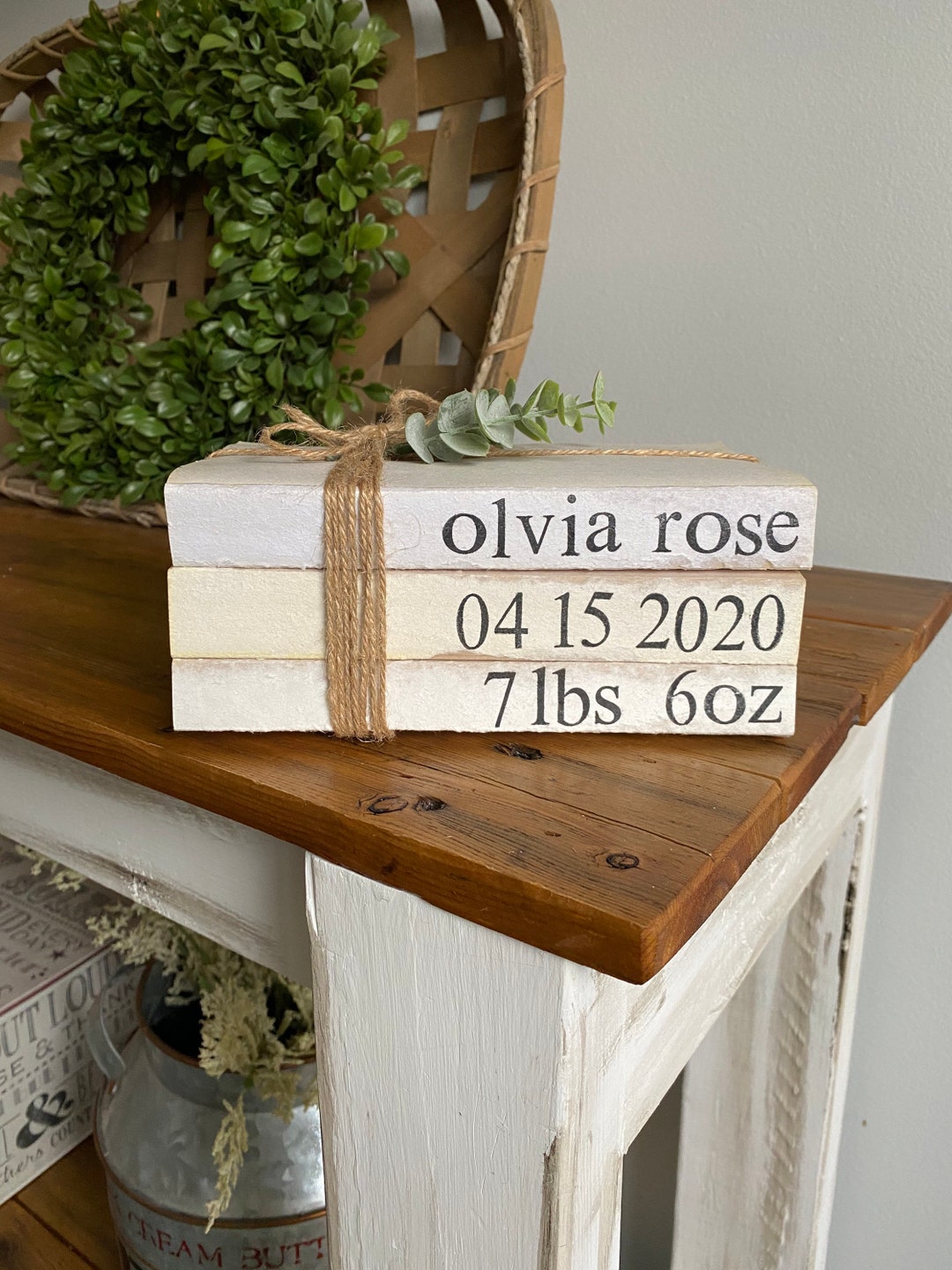 Farmhouse Nursery Stamped Book Stack With Name and Birth Stats, Neutral ...