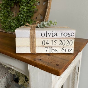 Farmhouse Nursery Stamped Book Stack With Name and Birth Stats, Neutral ...