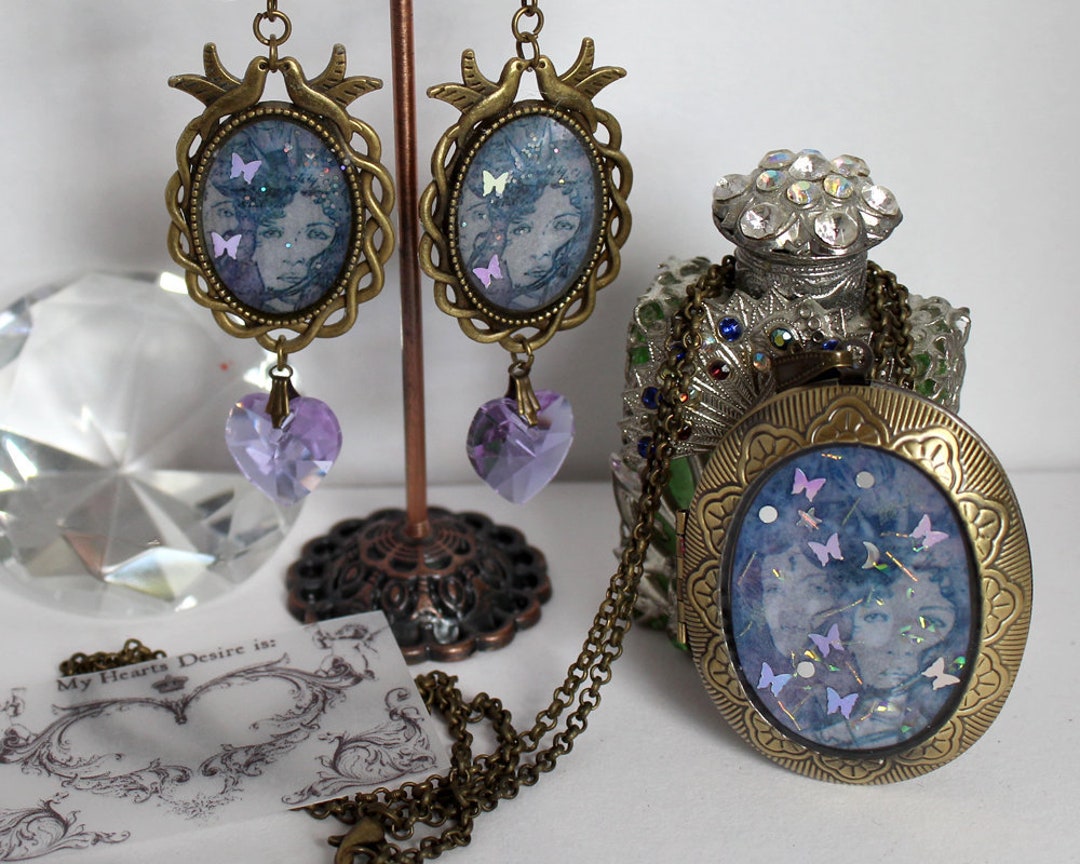 HECATE HEKATE Sparkly Purple WISH Locket and Earring Gift Set Wicca ...