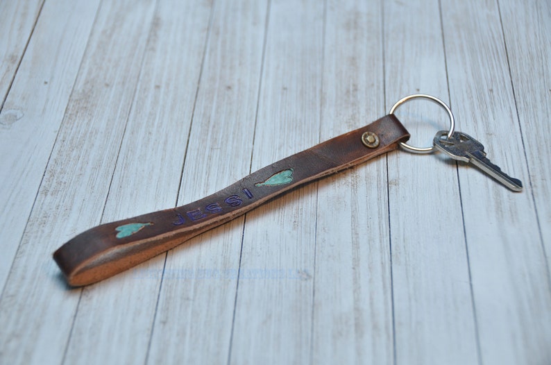 Personalized mini tooled leather lanyard keychain with feathers design ...