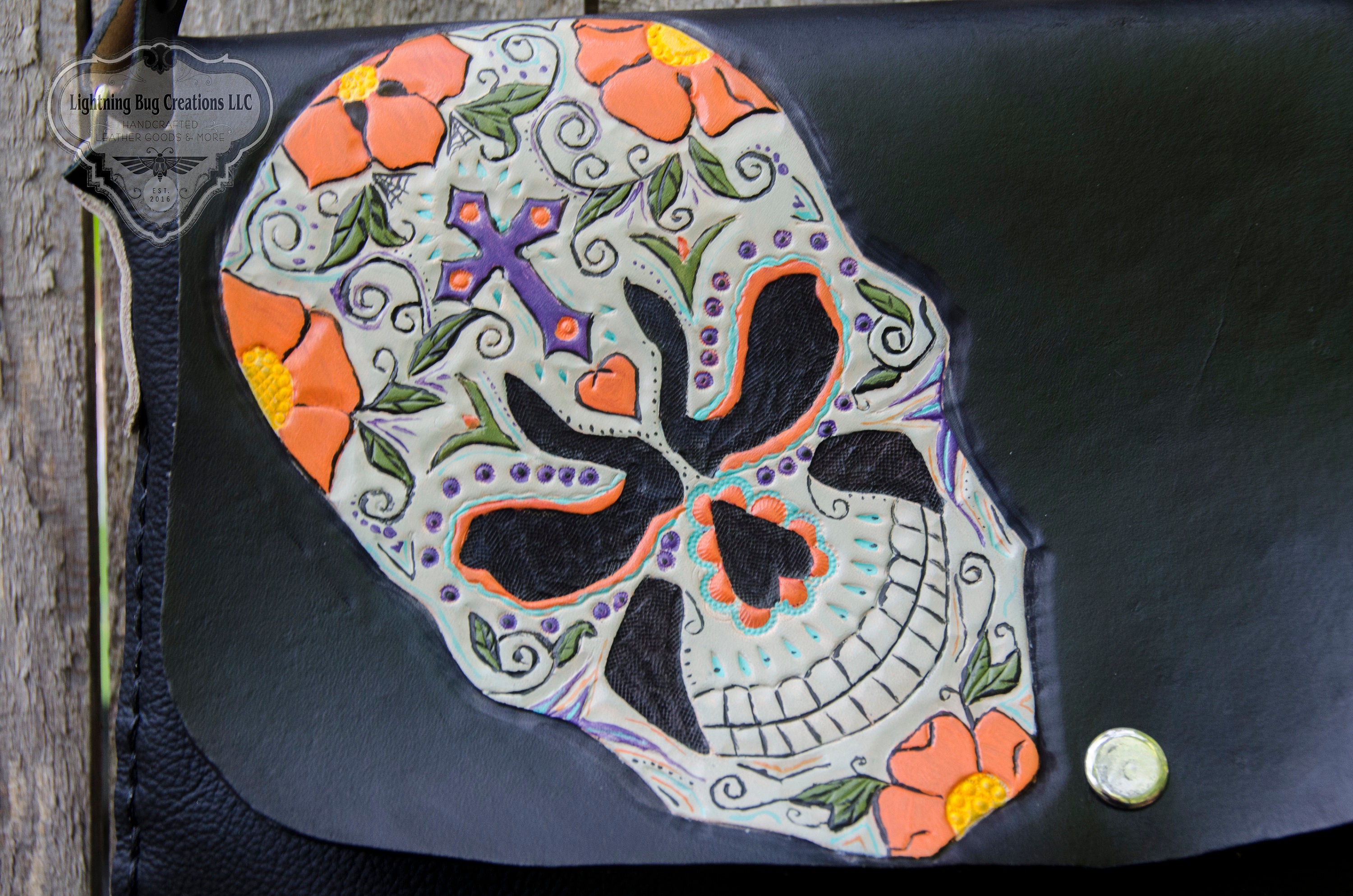 Black Leather Tooled Leather Sugar Skull purse | Etsy