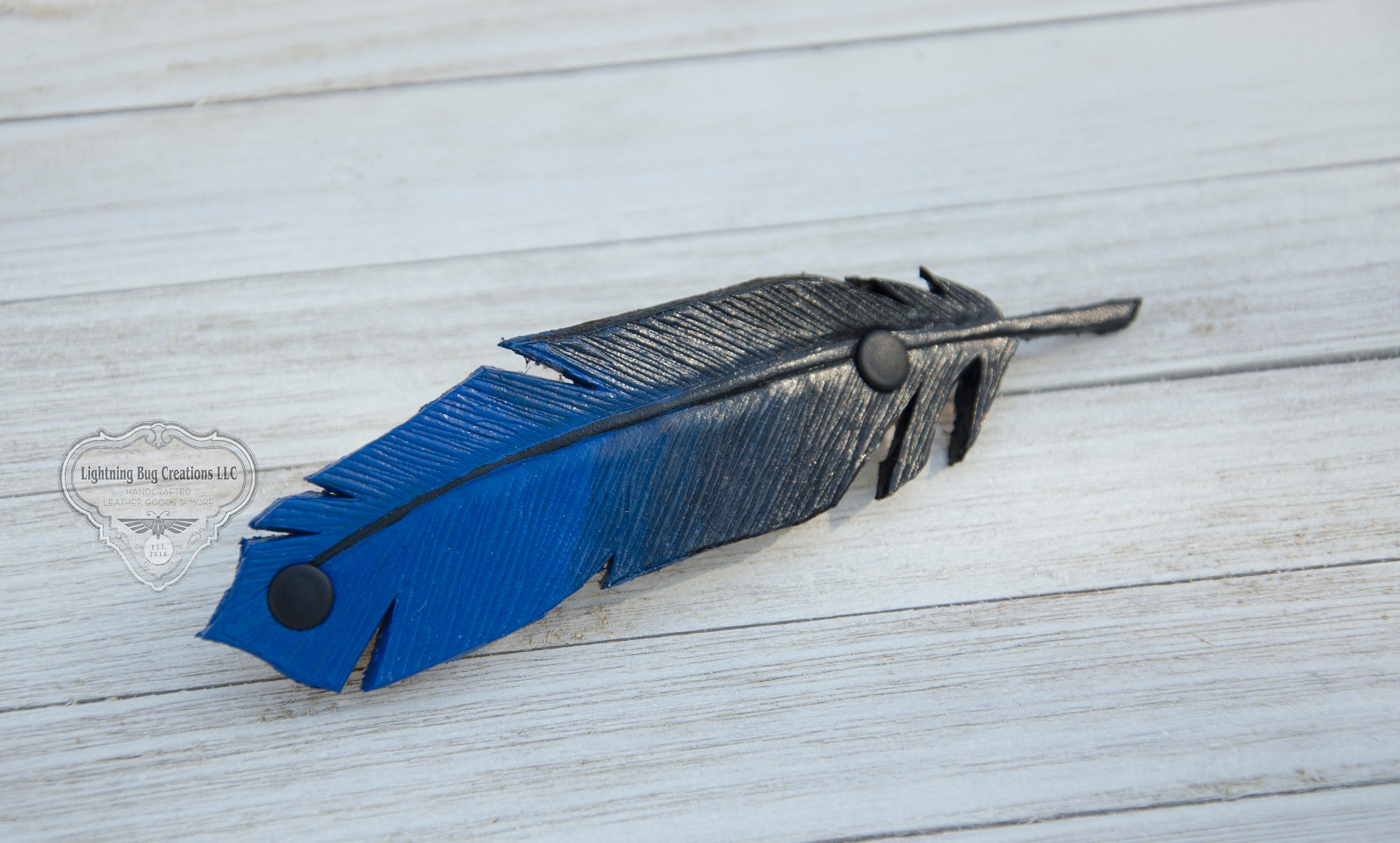 Tooled Leather Feather Barrette blue line | Etsy