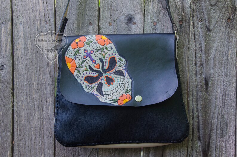 Black Leather Tooled Leather Sugar Skull purse | Etsy