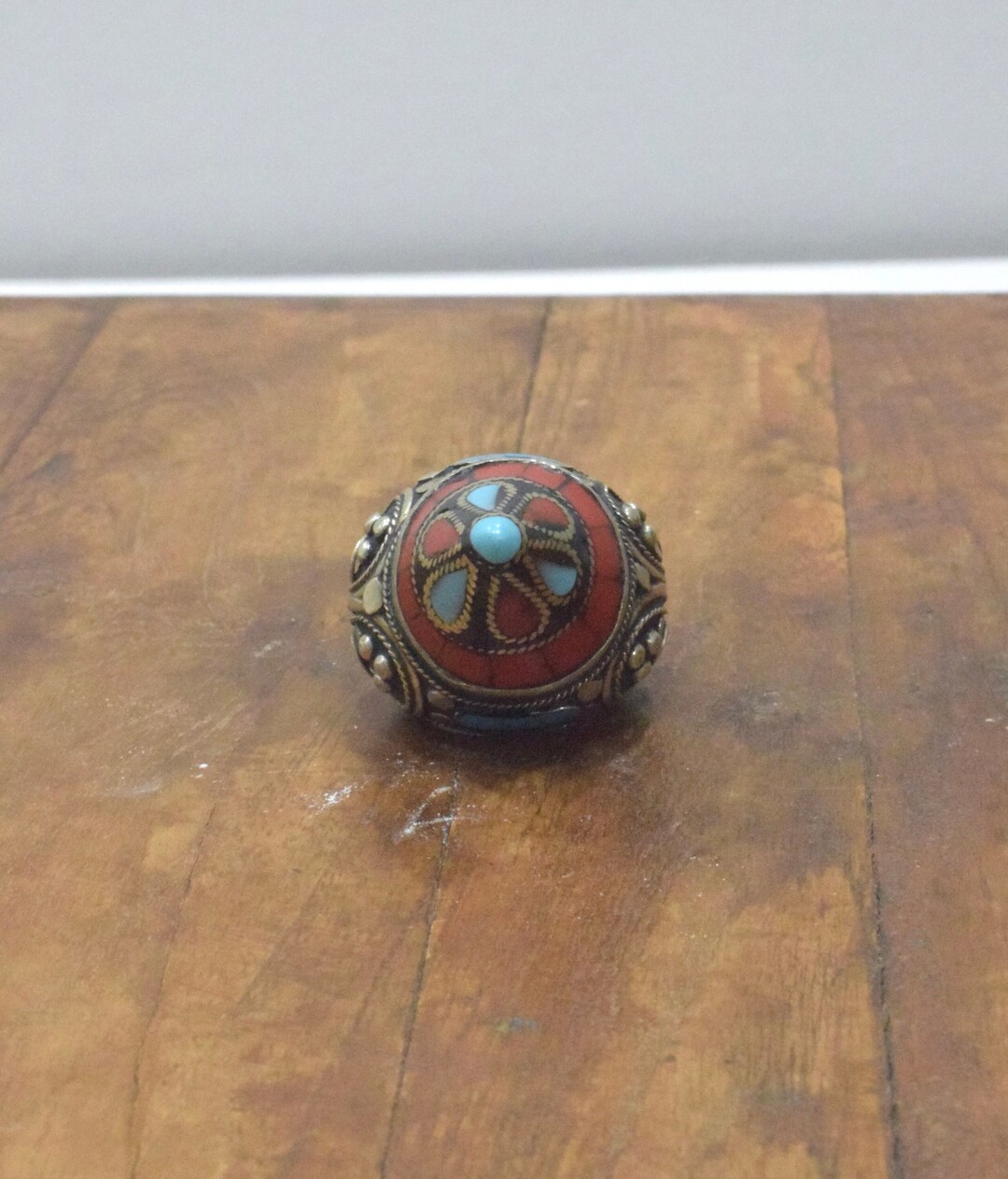 Middle Eastern Silver Coral Turquoise Inlay Ring - Etsy
