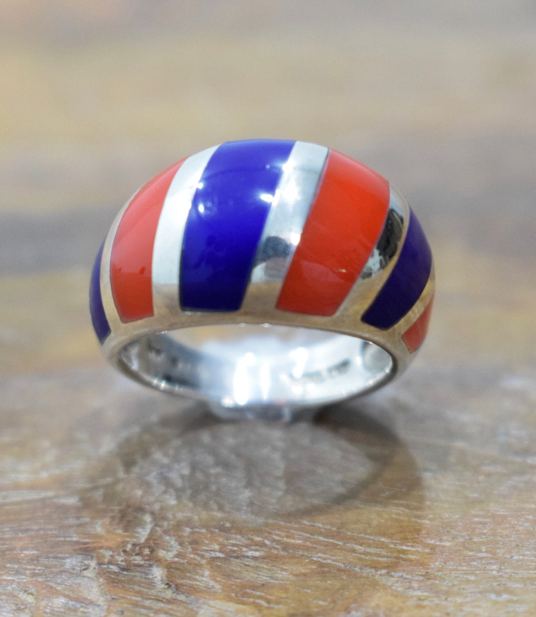 Ring Sterling Silver Blue Red Stripped Ring - Etsy