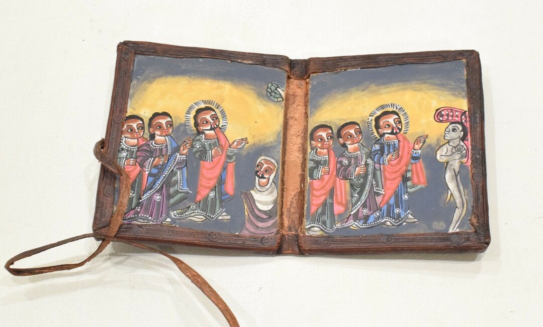 African Ethiopian Orthodox Altar Icon Painted Wood Leather Etched Case ...