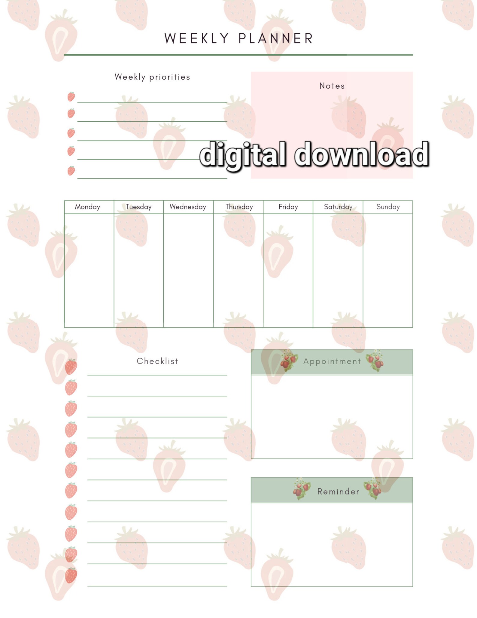 Pastel Strawberry Digital Weekly Planner, Cottagecore, Weekly Planner ...