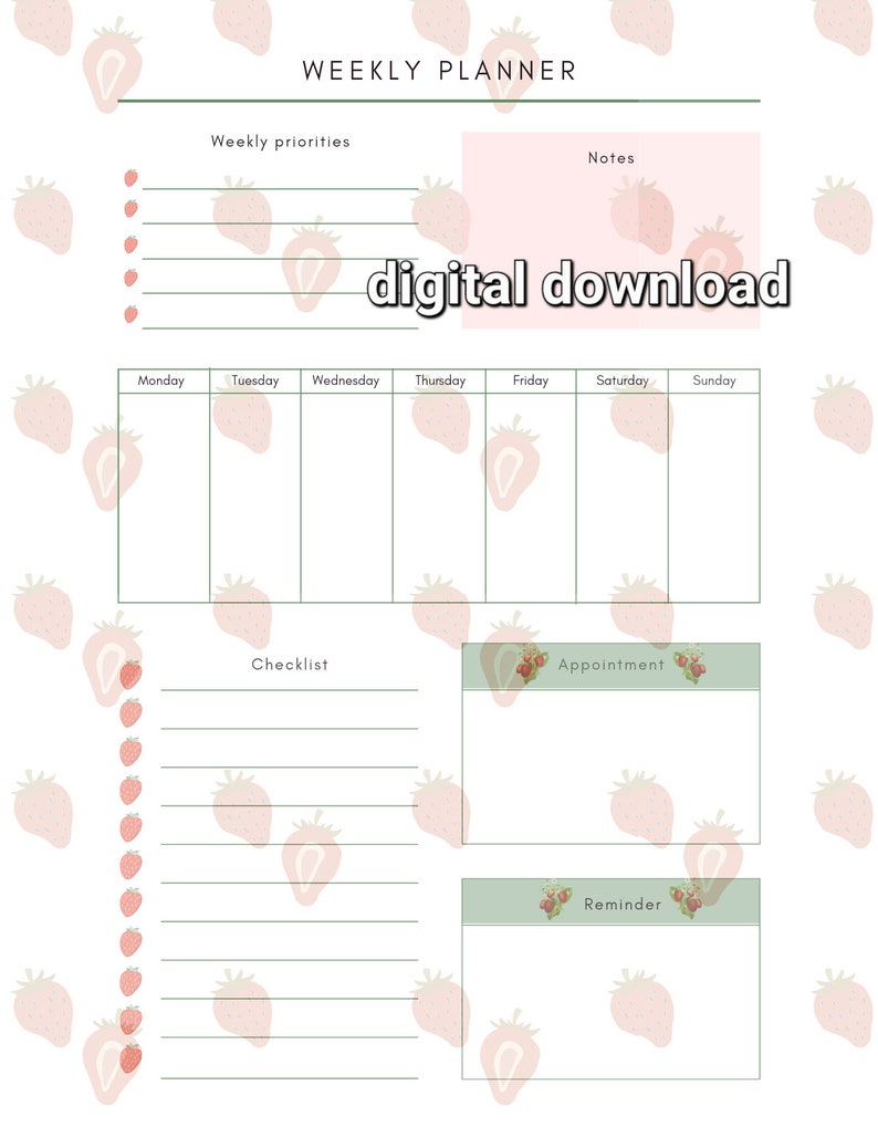 Pastel Strawberry Digital Weekly Planner, Cottagecore, Weekly Planner ...