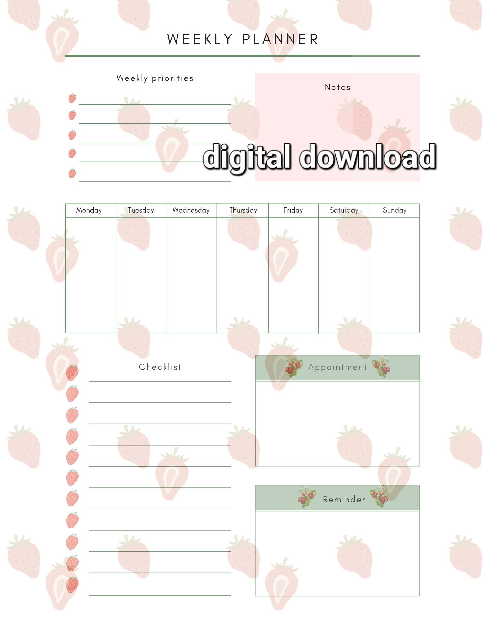 Pastel Strawberry Digital Weekly Planner, Cottagecore, Weekly Planner ...