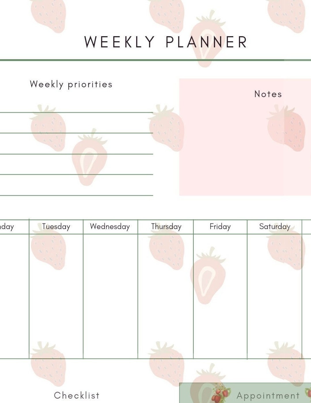 Pastel Strawberry Digital Weekly Planner, Cottagecore, Weekly Planner ...
