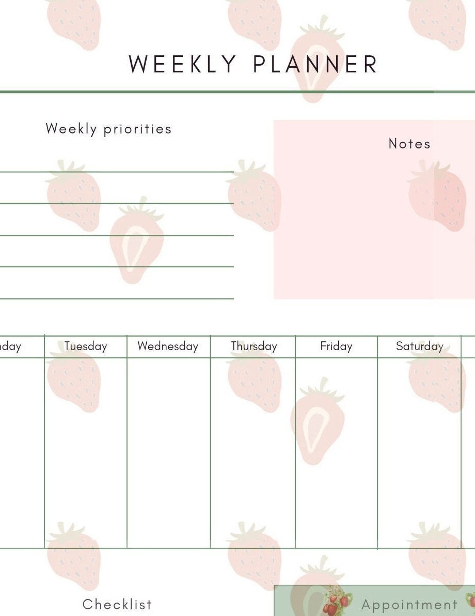 Pastel Strawberry Digital Weekly Planner, Cottagecore, Weekly Planner ...