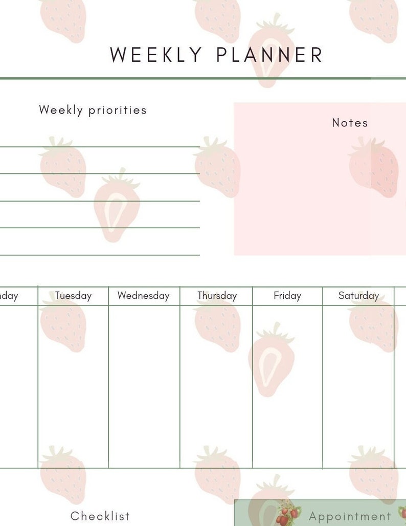 Pastel Strawberry Digital Weekly Planner, Cottagecore, Weekly Planner ...
