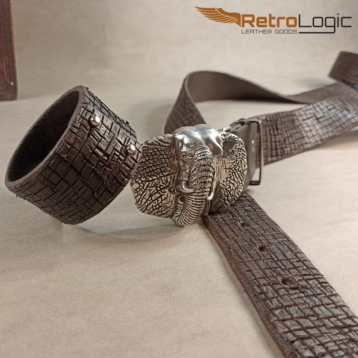 Elephant Buckle, Genuine Leather Belt & Bracelet, Limited Edition Set ...