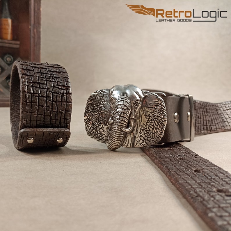 Elephant Buckle, Genuine Leather Belt & Bracelet, Limited Edition Set ...
