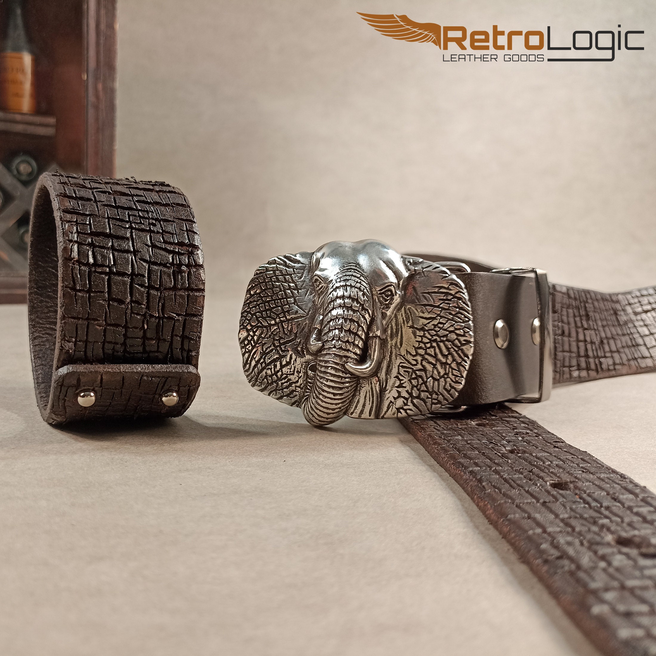 Elephant Buckle, Genuine Leather Belt & Bracelet, Limited Edition Set ...