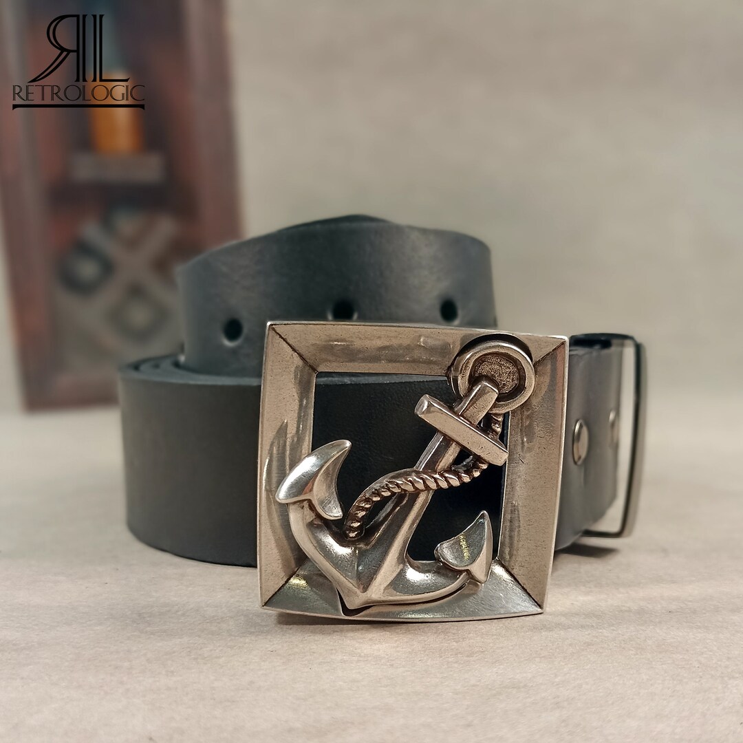 Silver Anchor Buckle, Natural Black Leather Belt - Etsy