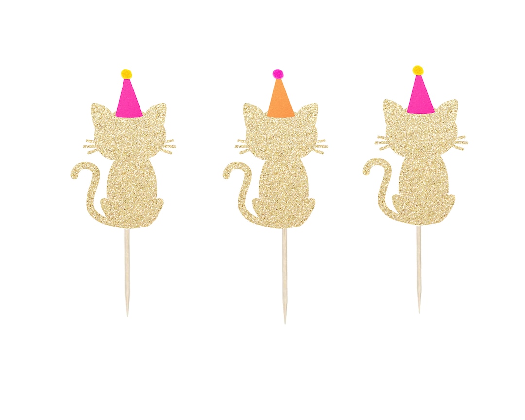 Glitter Cat Cupcake Toppers With Party Hats - Set of 6 - Etsy