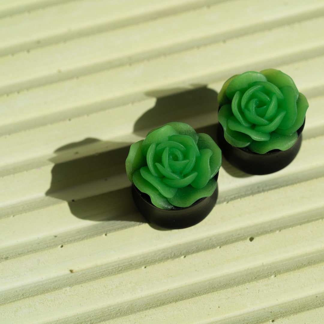 Green Rosebud Flowers Plugs,ear Piercing Gauges 8,10,12,14,16,18,20,22 ...