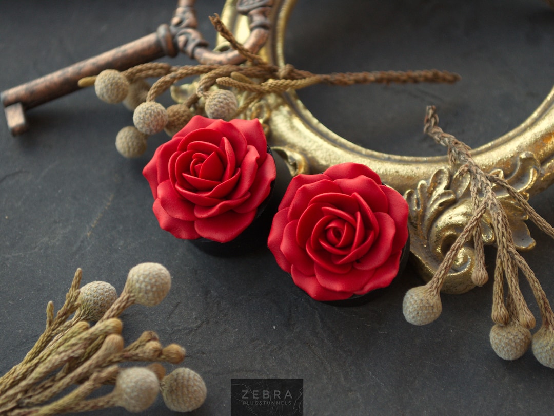 Red Wedding Plugs Rosebud Flowers Tunnels Bridal ,8,10,12,14,16,18,20 ...