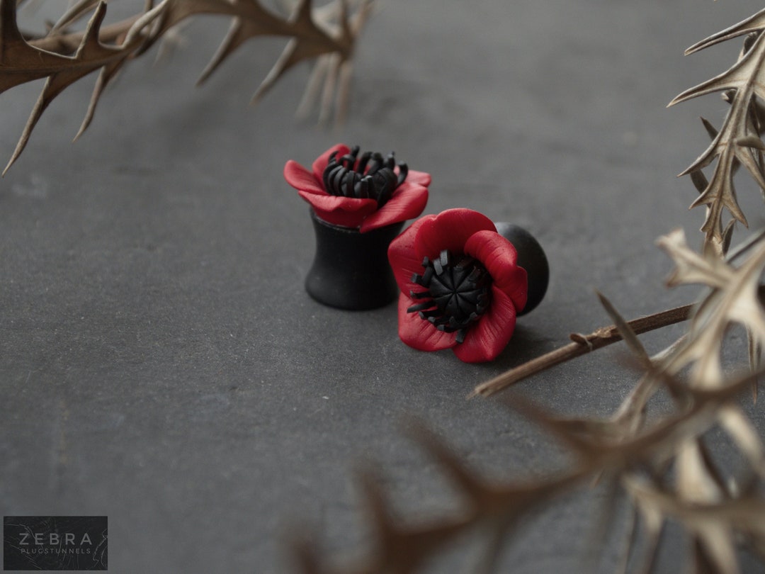 Red Flowers Plugs,ear Piercing Gauges,8,10,11,12,14,16,18,20,22,24,26 ...