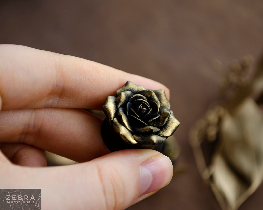 Gold Rosebud Flowers Wedding Plugs,ear Gauges 8,10,12,14,16,18,20,22,24 ...