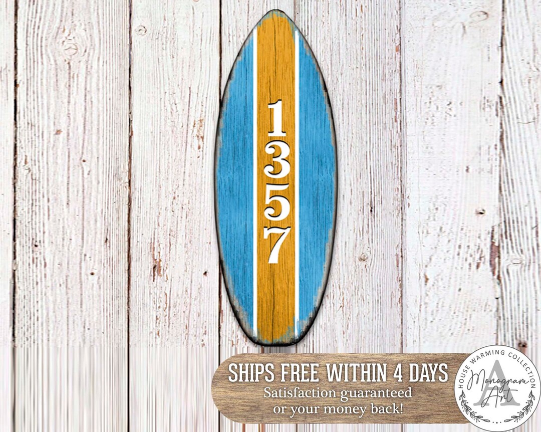 Surfboard Address Sign - Coastal House Number Plaque - Custom Wooden ...