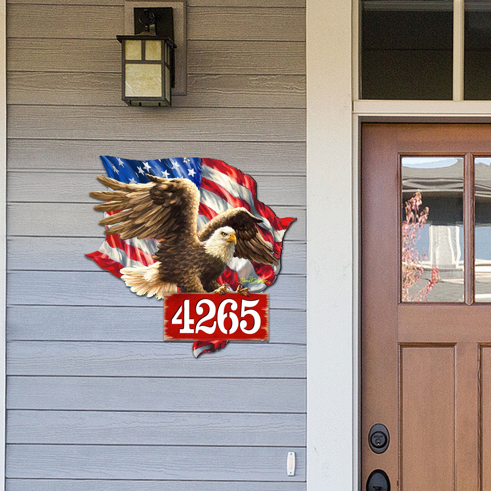 American Flag and Eagle Address Sign - Patriotic Decor - Wooden House ...