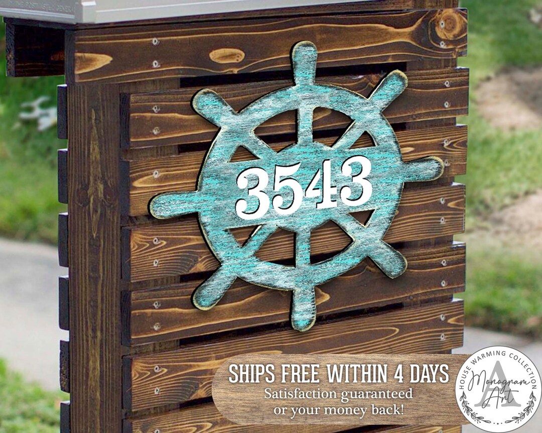 Captains Wheel Address Sign - Coastal Home Decor - Wooden House Numbers ...