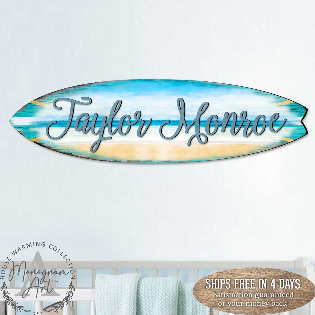 Custom Surfboard Name Sign - Personalized Coastal Baby Wooden Name Sign ...