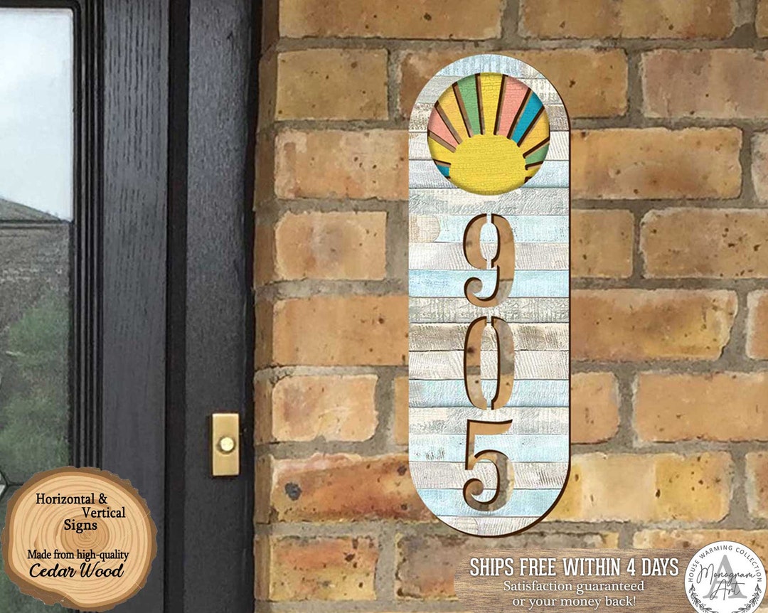 Sunrise Address Sign - Wooden House Number Plaque - Housewarming Door ...