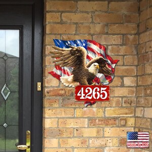 American Flag and Eagle Address Sign - Patriotic Decor - Wooden House ...