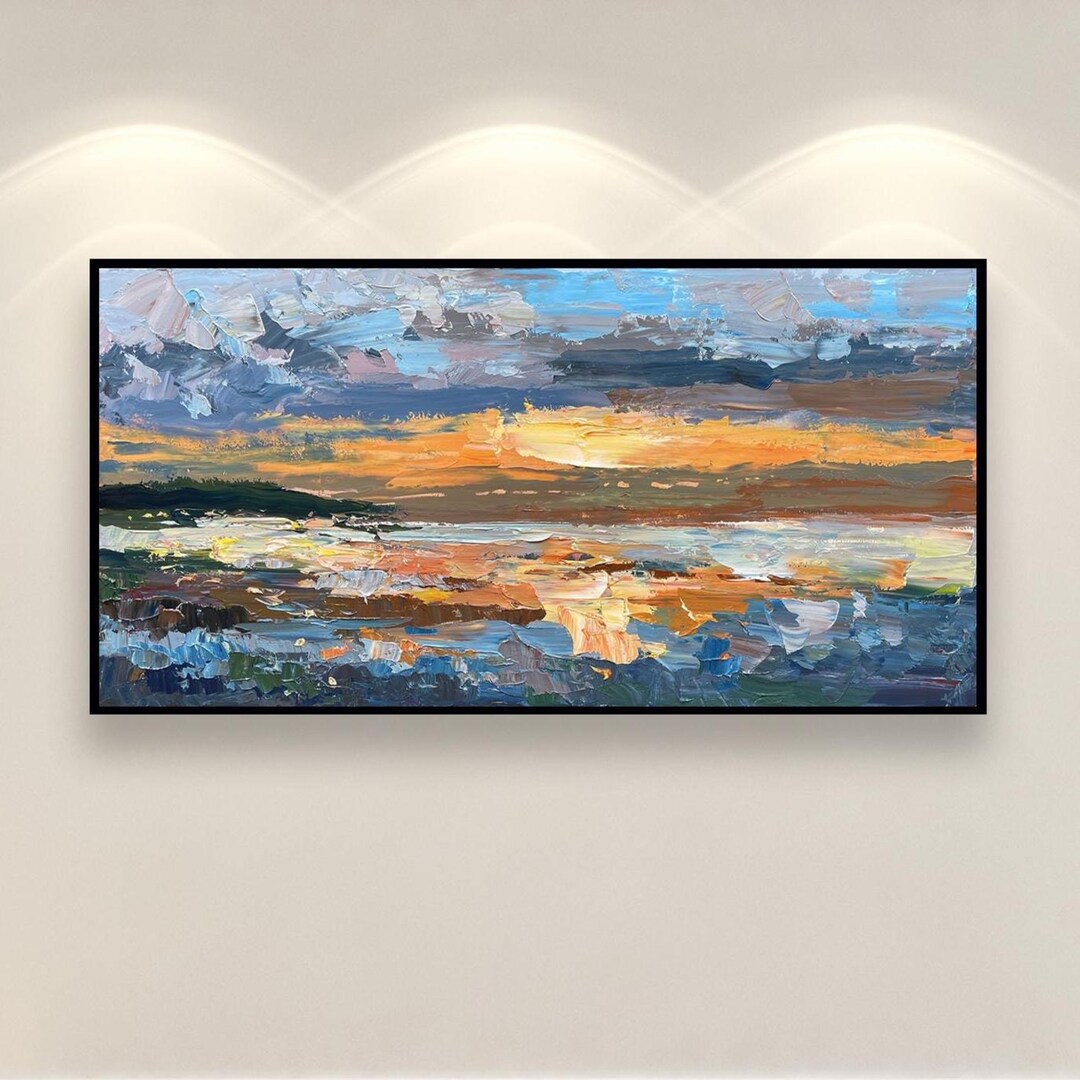 Sunset Seascape Oil Painting on Canvas, Original Hand Painted Textured ...