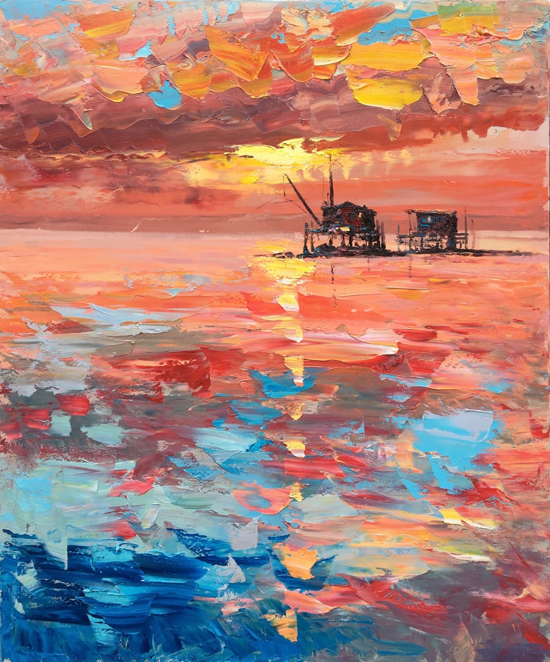 Orange Sunset Painting on Canvas Original Art Seascape - Etsy