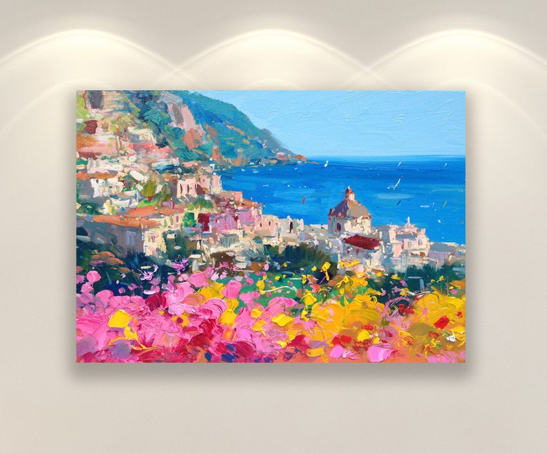 Positano Art Print on Canvas or Paper With Pink Flowers, Seascape Wall ...