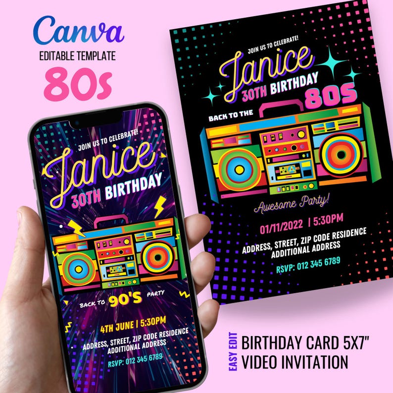 Editable 80s Birthday Invitation Template | Retro Neon Party Invite ...