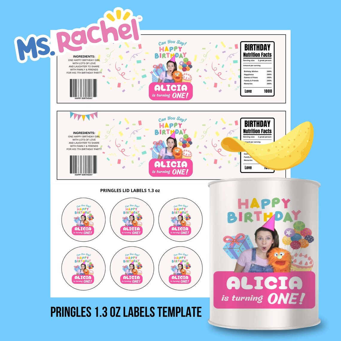 Ms Rachel Pringles 1.3 Oz Labels Template | Canva Editable | Digital ...