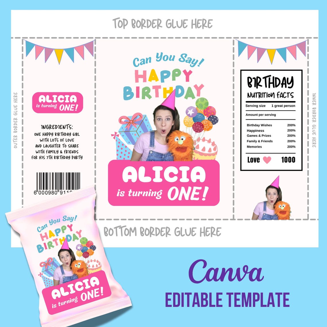 Ms Rachel Chip Bag Template | Canva Editable DIY | Birthday Nutrition ...