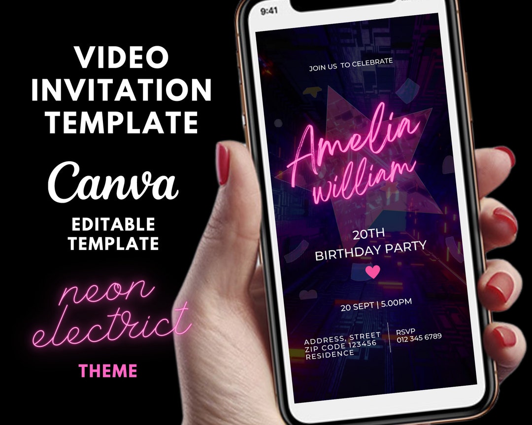 Minimal Neon Electric Birthday Night Party Invitation | Mobile Video ...