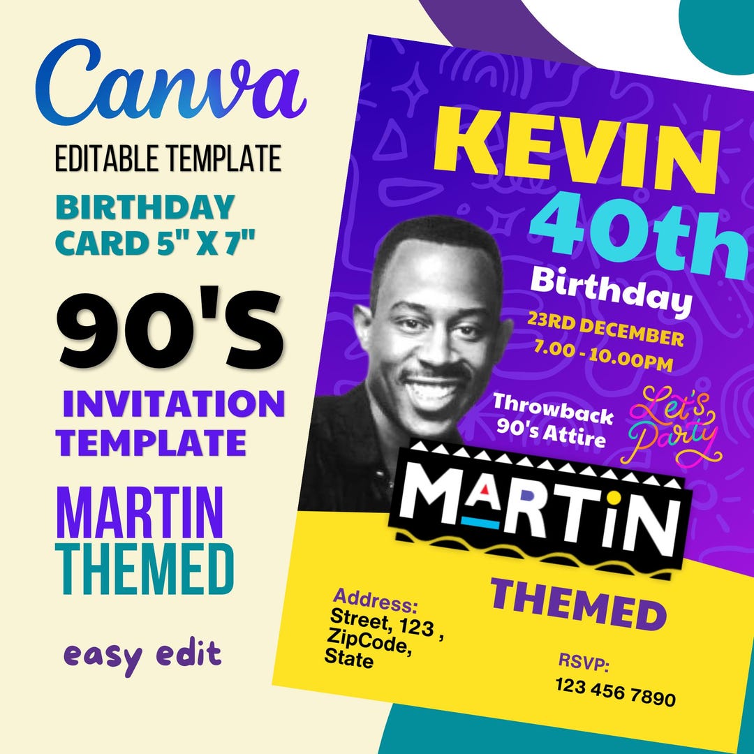 90s Martin Theme Birthday Invitation: 5x7 Printable Template (canva ...