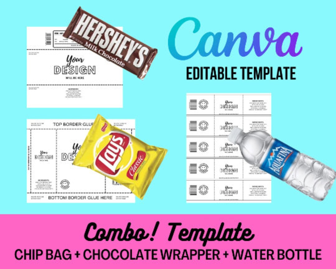 Chip Bag, Chocolate Wrapper, Water Bottle Template Canva Editable DIY ...