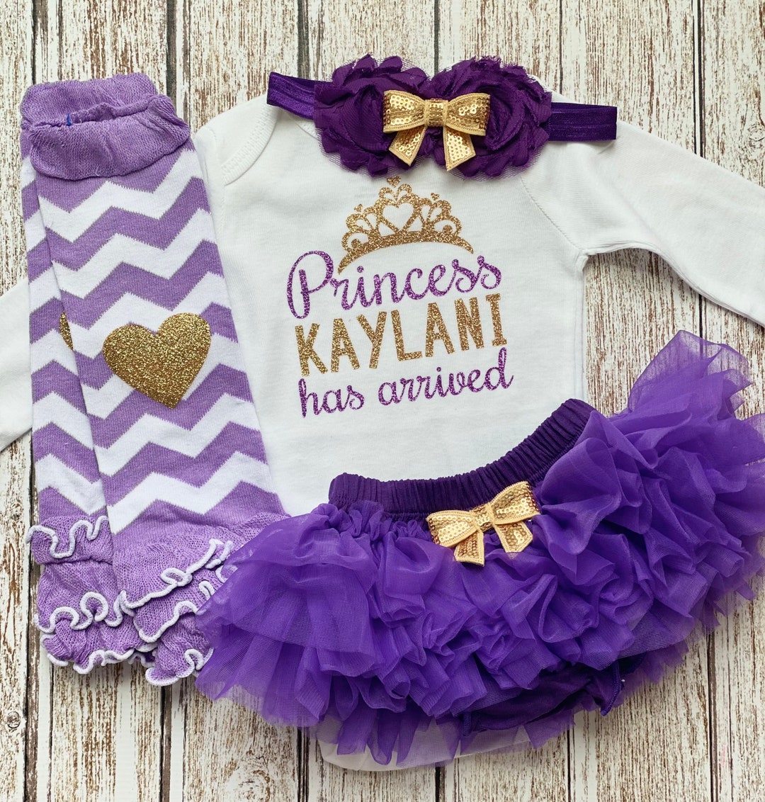 Personalized Princess Has Arrived Baby Girl Outfit Coming Home Outfit Purple Gold Glitter ...