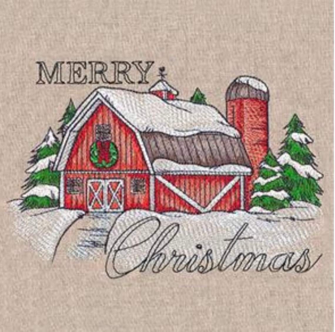 Merry Christmas Farm Scene With Red Barn Snow Covered Trees - Etsy