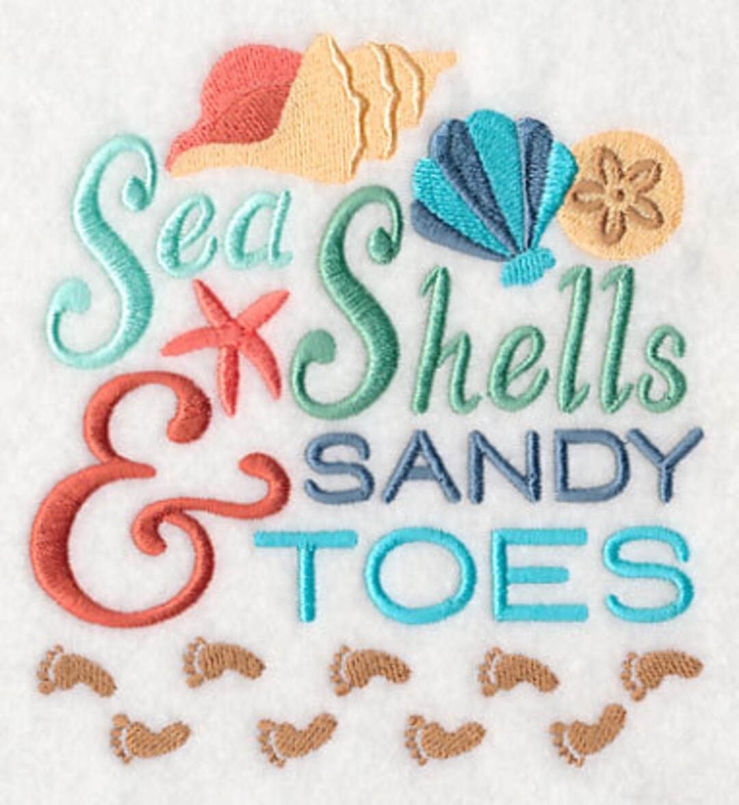 Sea Shells & Sandy Toes, Foot Prints in the Sand All Embroidered on Tea ...
