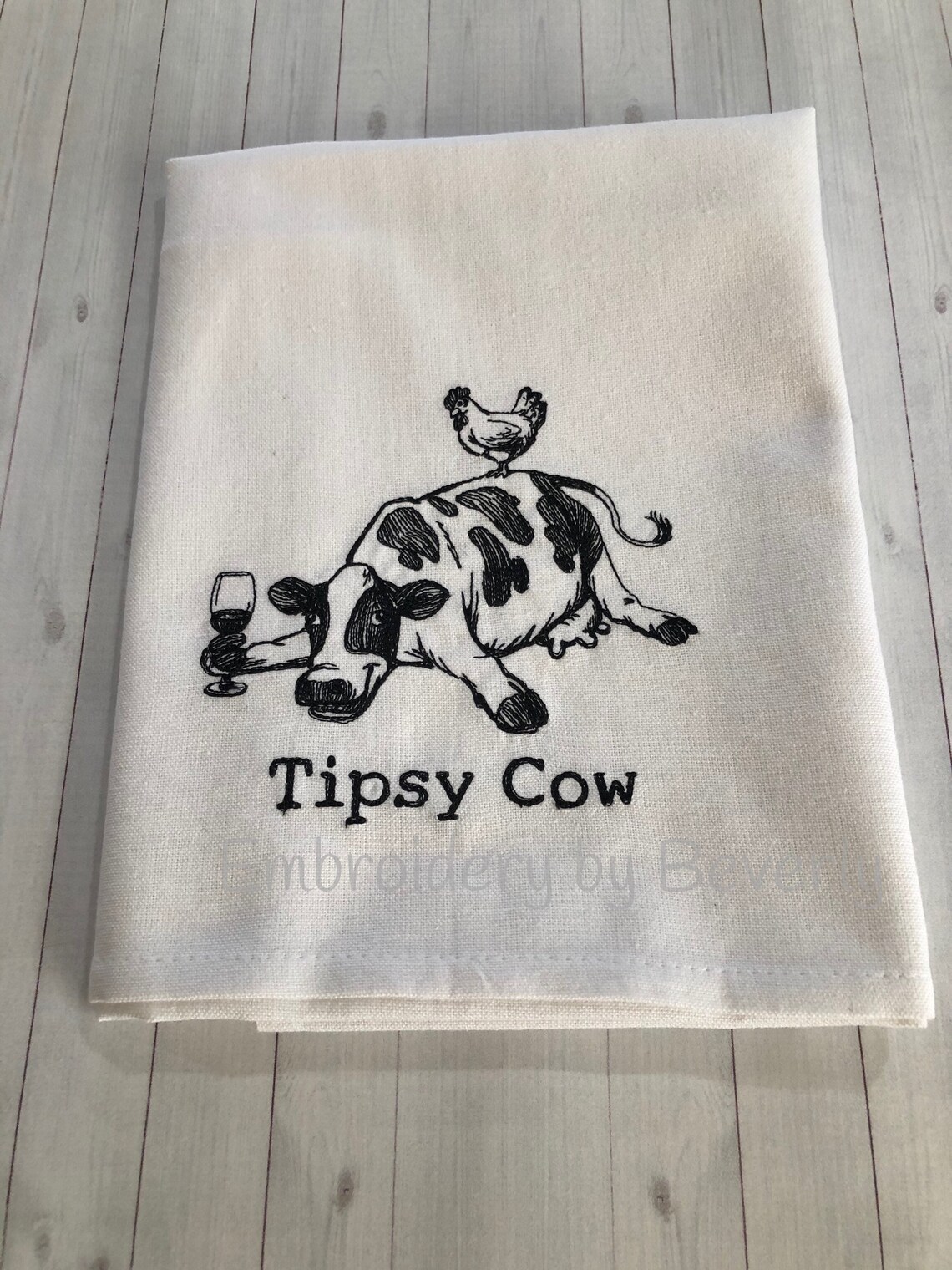 Tipsy cow with her friend a chicken embroidered towel. | Etsy