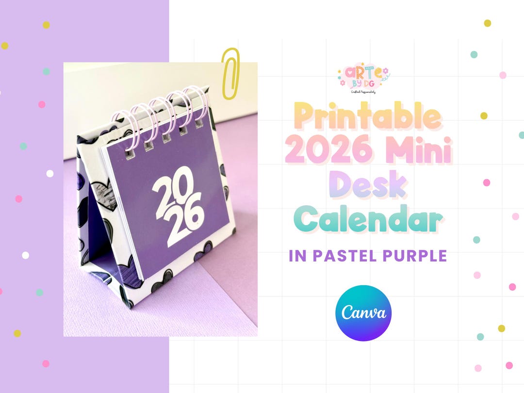 2026 Purple Desk Calendar |pastel Printable Calendar |digital Mini Flip ...
