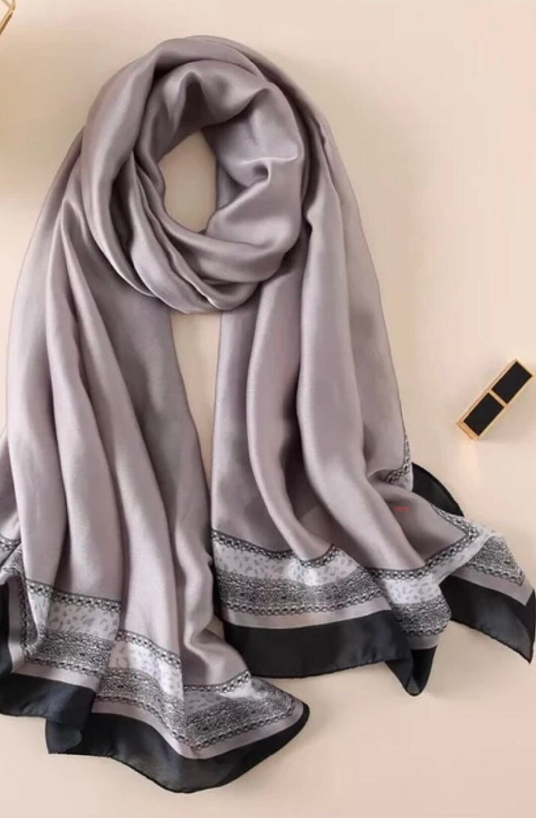 Silver Grey and Black Trim 100% Silk Shawl Scarf Printed Scarf Silk ...