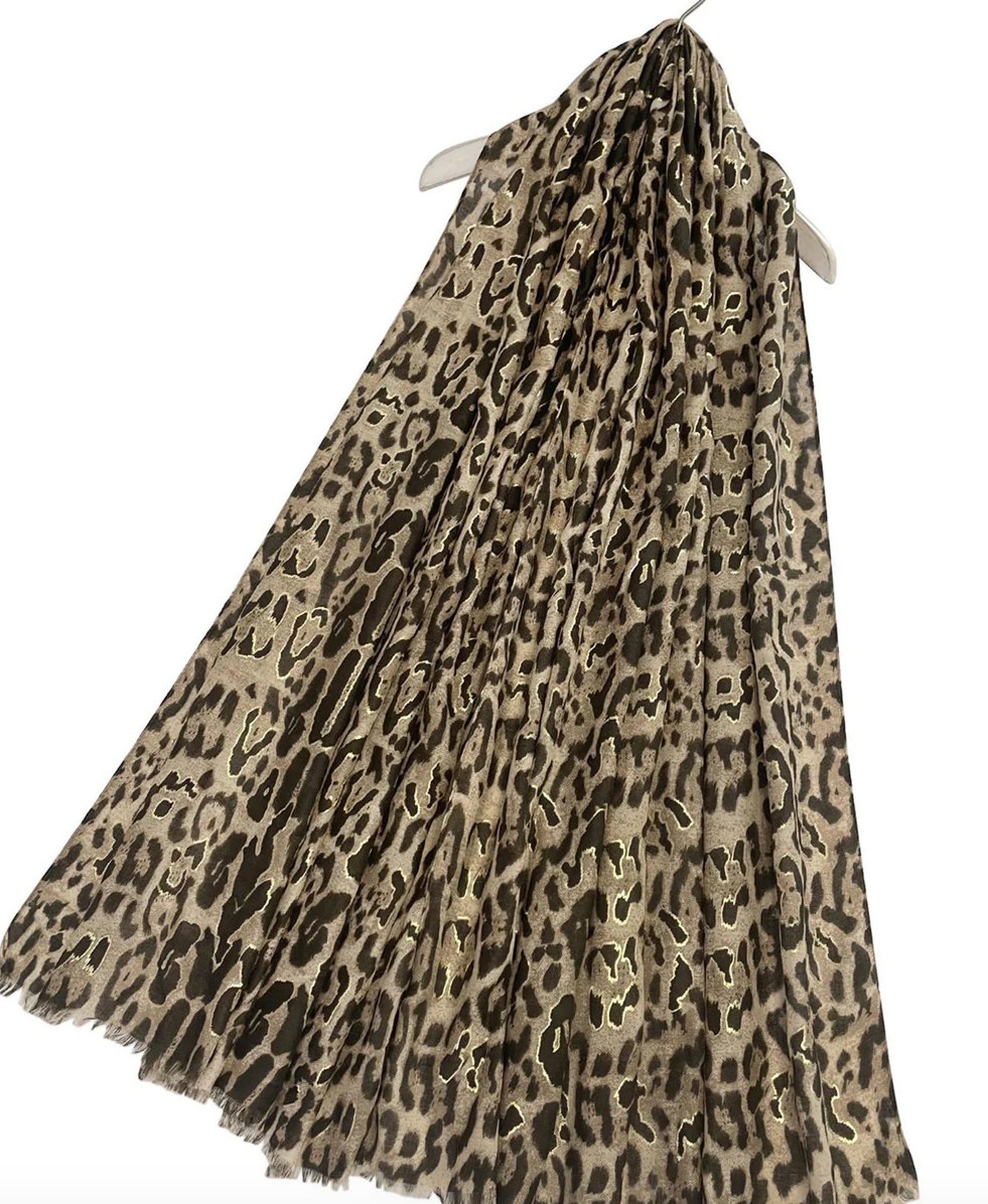 Beige Metallic Leopard Print Frayed Scarf With Gold Foil Details Aminal ...