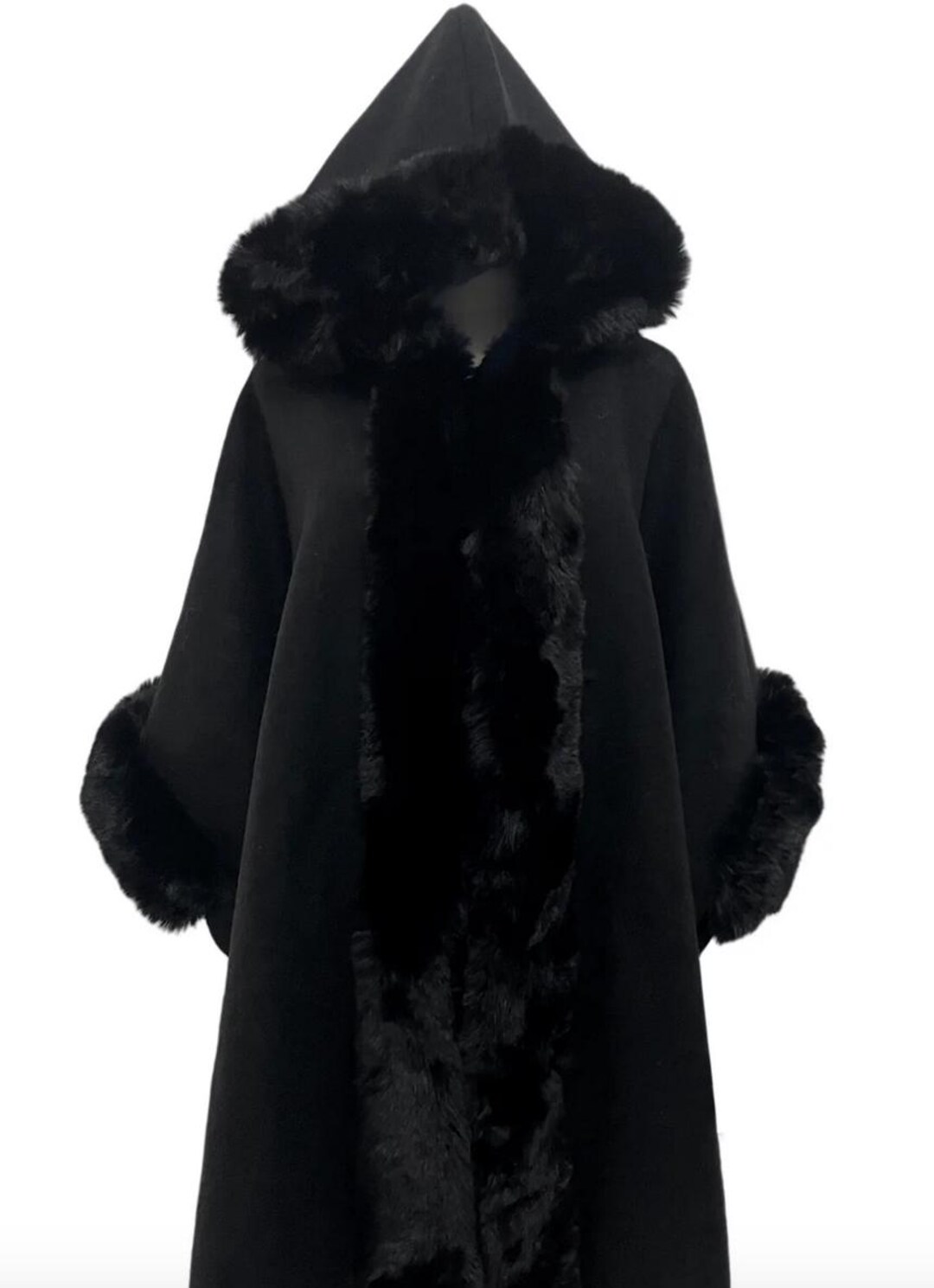 Black Hooded Wool Blend Coat Jacket With Fur Trim Personalised by Kuati ...