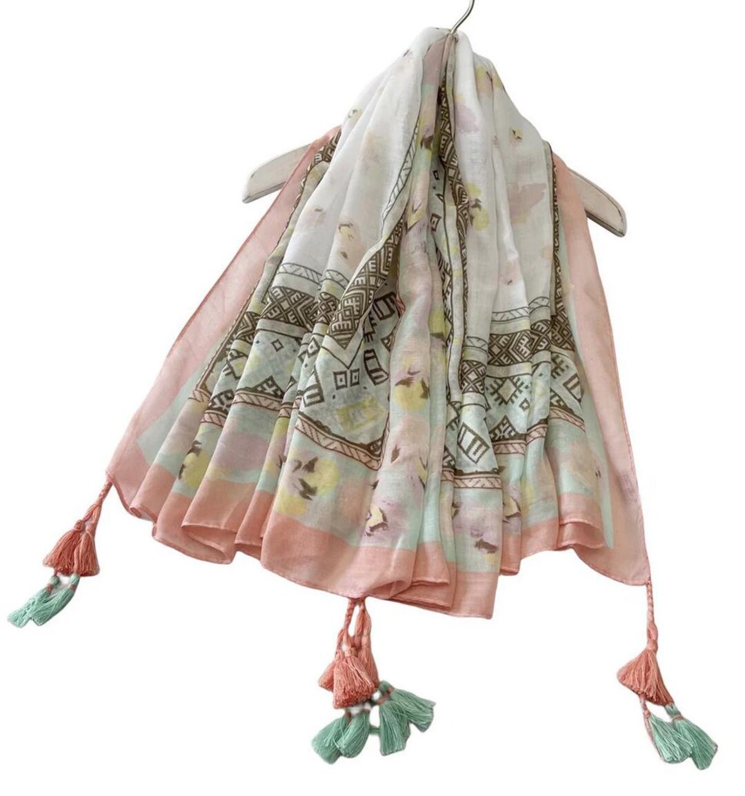Salmon Pink Delicate Feather Border Print Square Tassel Scarf by Kuati ...