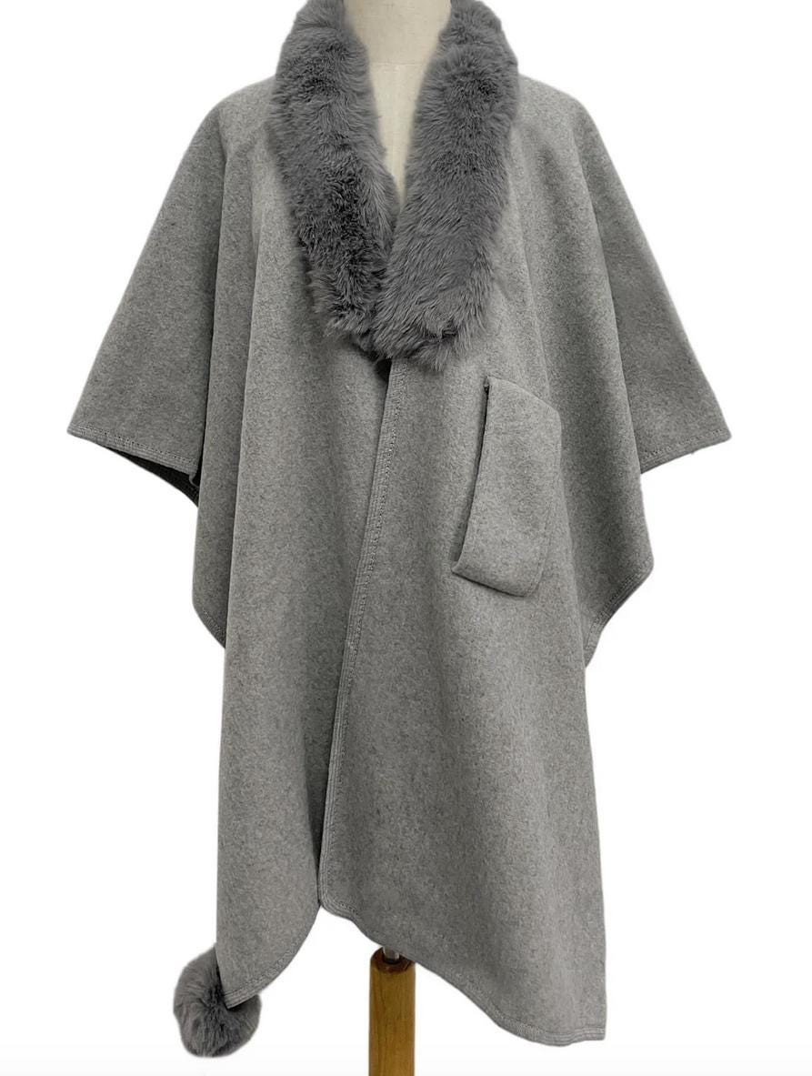 Grey Fur Trim Wool Cape Poncho Coat by Kuati Mayfair - Etsy